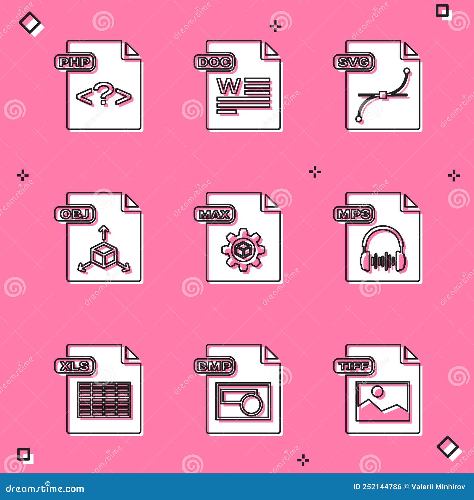 Set PHP File Document, DOC, SVG, OBJ, MAX, MP3, XLS and BMP Icon. Vector Stock Illustration ...