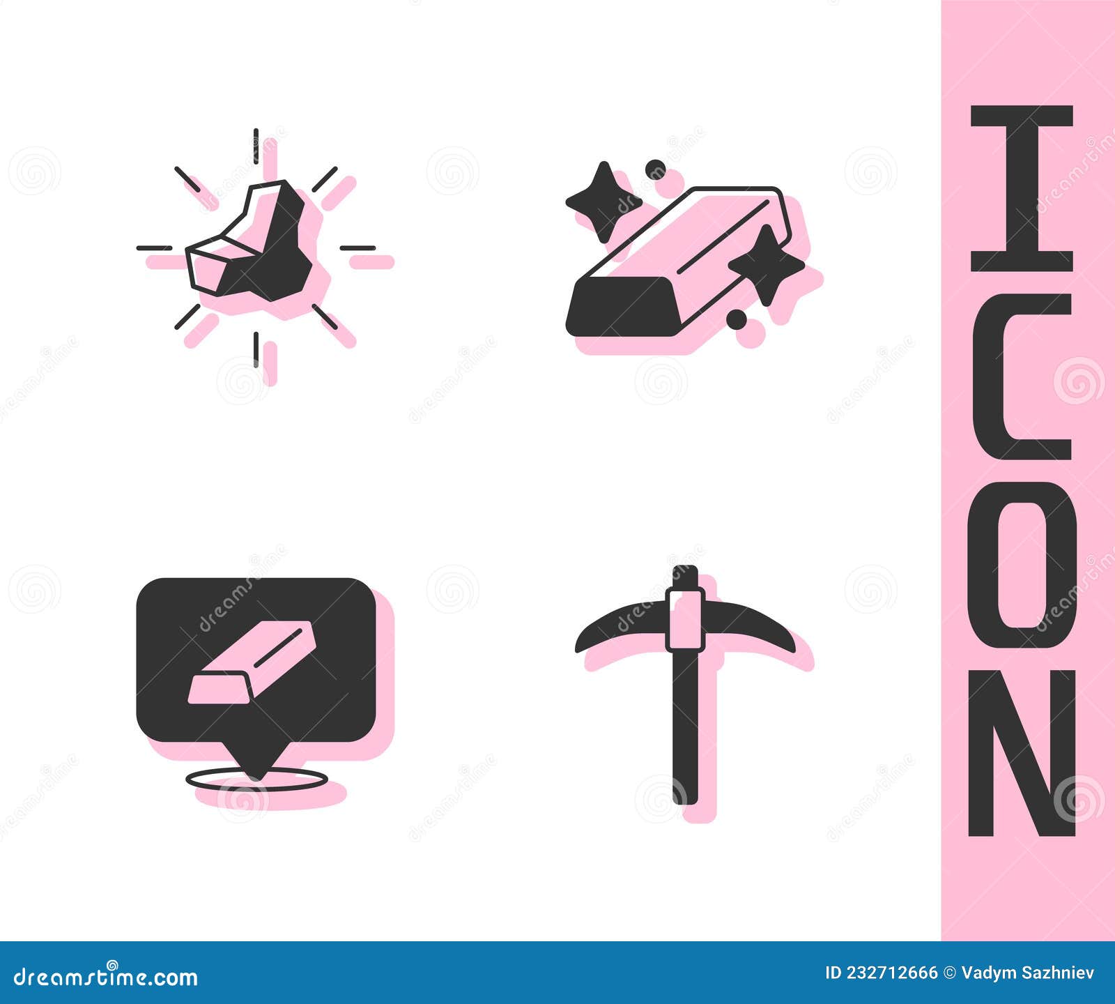 Set Pickaxe, Gold Nugget, Bars and Icon. Vector Stock Vector ...