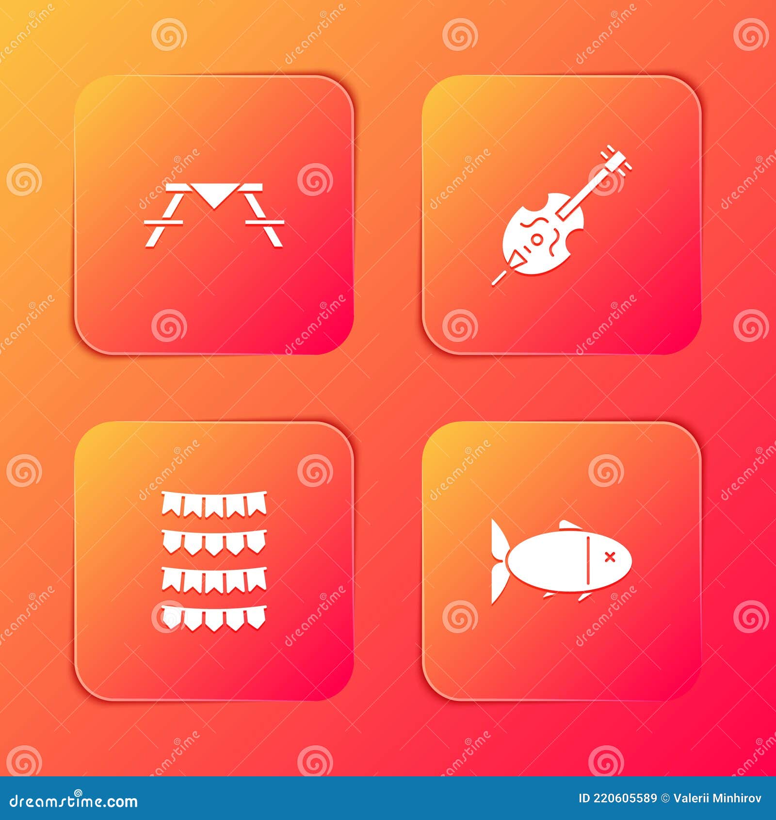 Set Picnic Table with Benches, Violin, Carnival Garland Flags and Fish ...