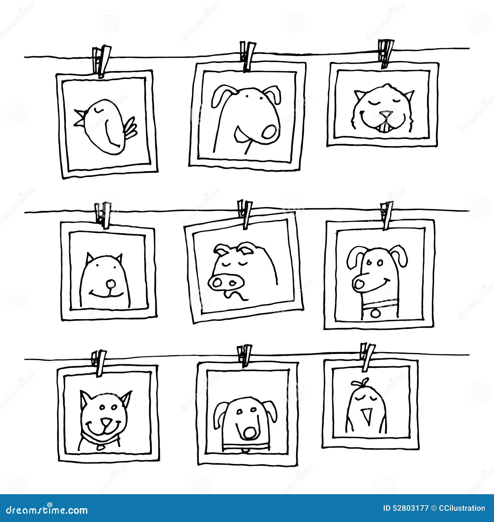 Set Picture Frames with Animals Portrait, Hand Drawn Vector ...