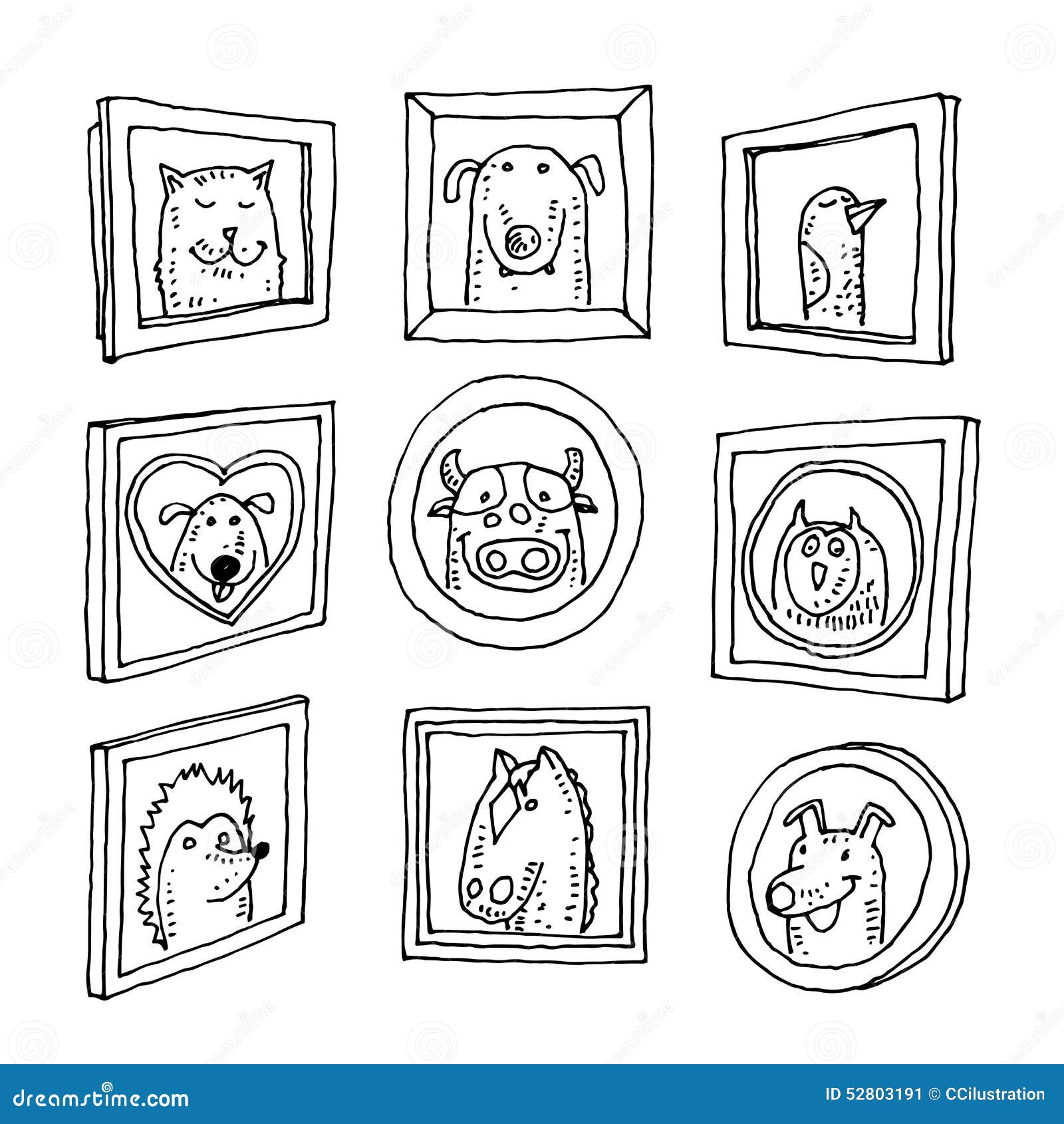 Set Picture Frames with Animals Portrait, Hand Drawn Vector ...