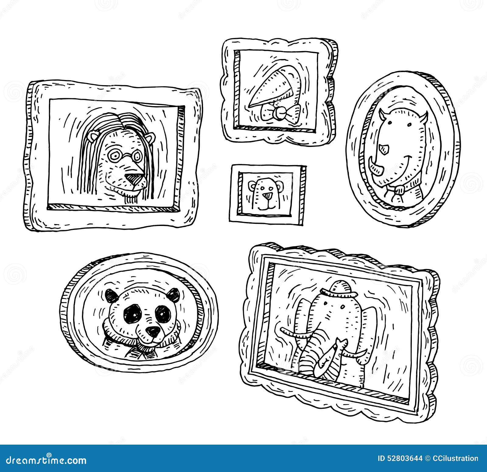 Set Picture Frames with Animals Portrait, Hand Drawn Vector ...