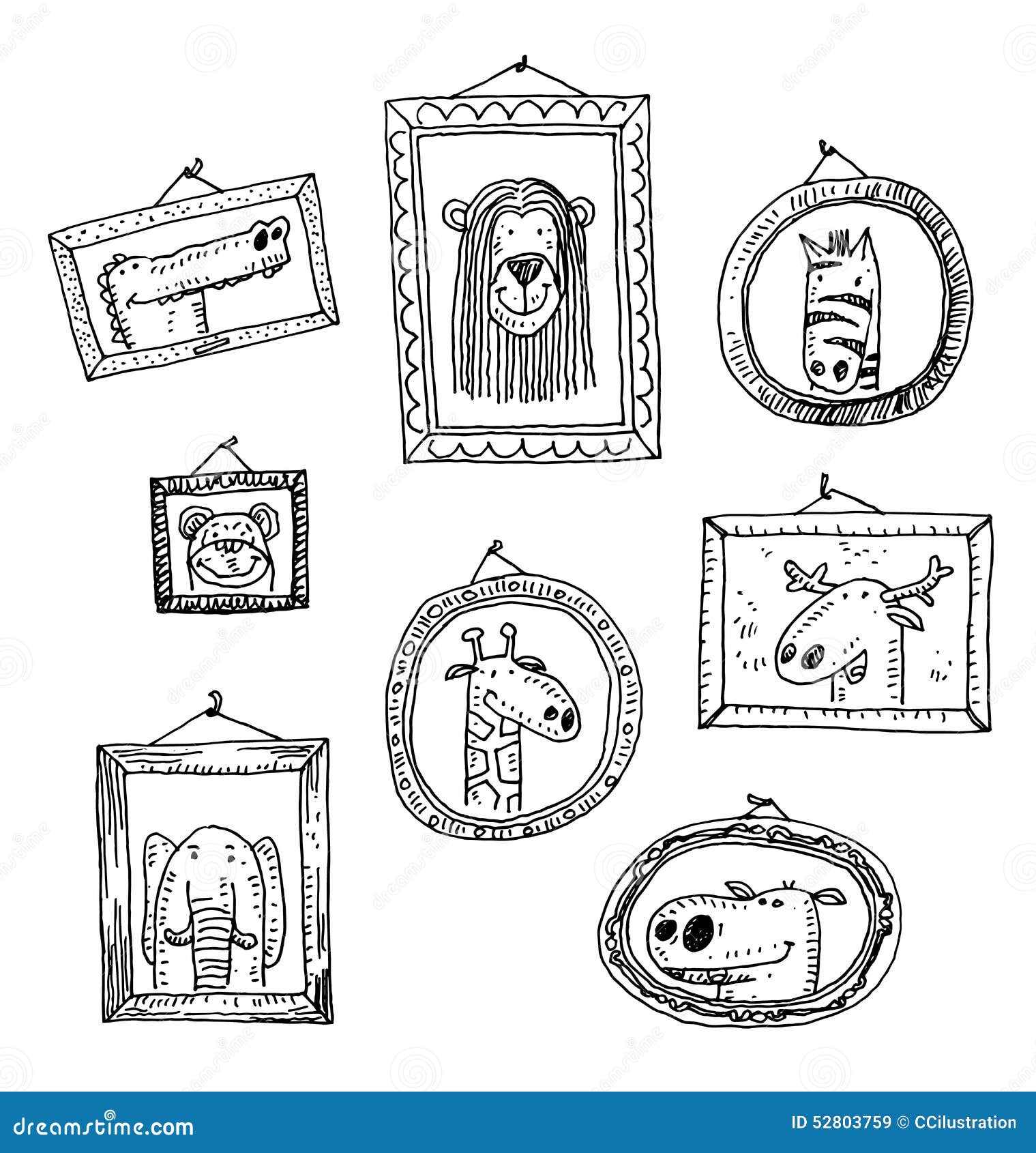 Set Picture Frames with Animals Portrait, Hand Drawn Vector ...