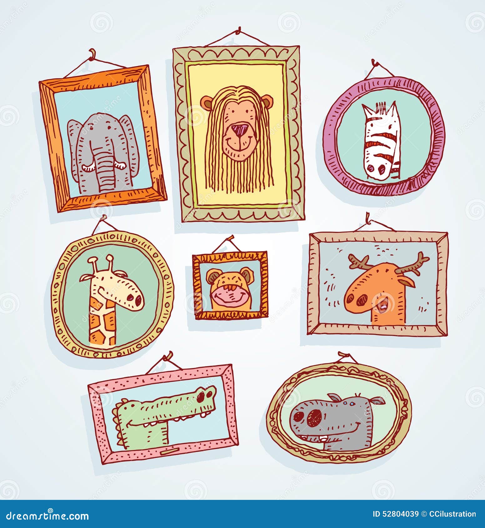 Set Picture Frames with Animals Portrait, Hand Drawn Vector ...