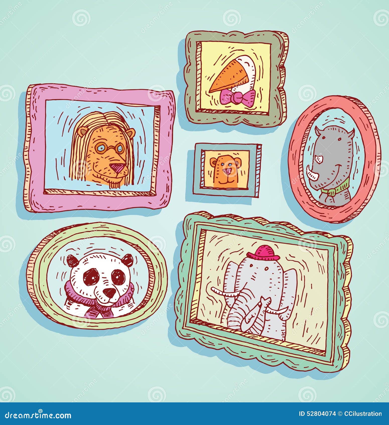 Set Picture Frames with Animals Portrait, Hand Drawn Vector ...