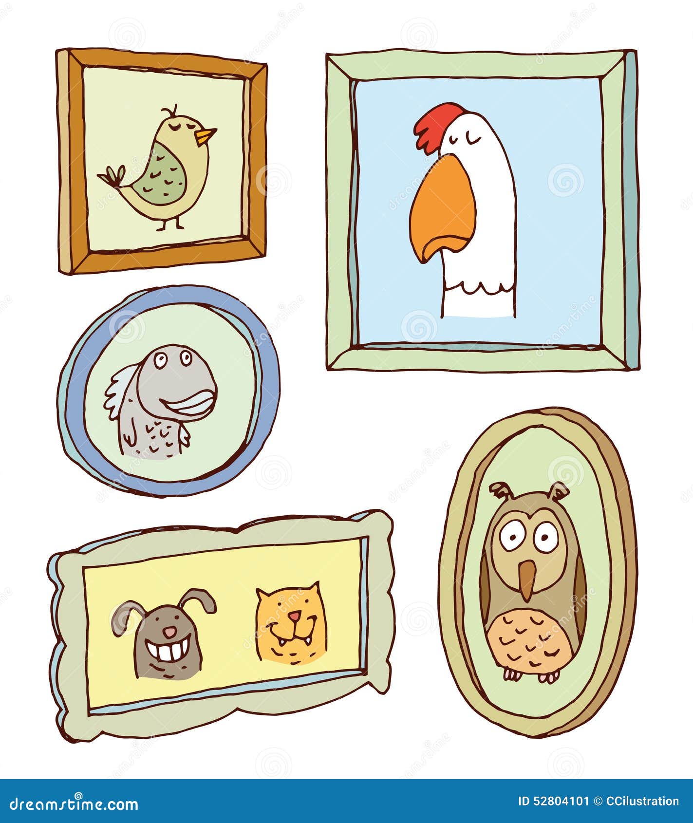 Set Picture Frames with Animals Portrait, Hand Drawn Vector ...