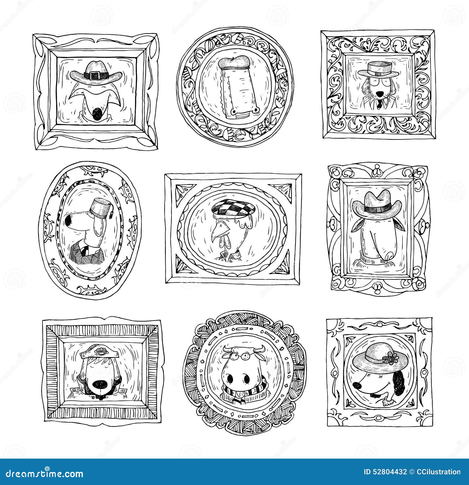 Set Picture Frames with Animals Portrait, Hand Drawn Vector ...