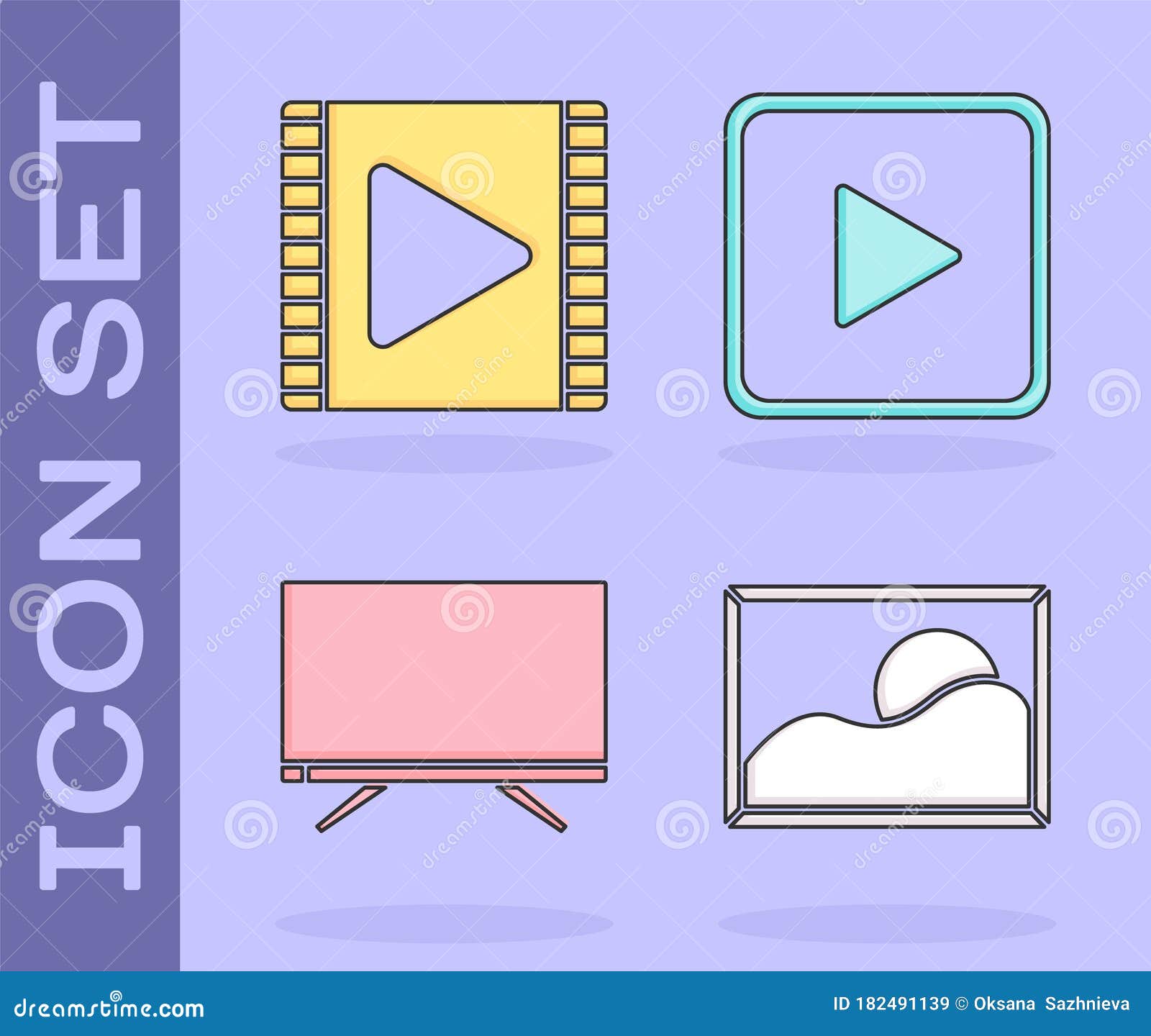 Set Picture Landscape, Play Video, Smart Tv and Play in Square Icon ...