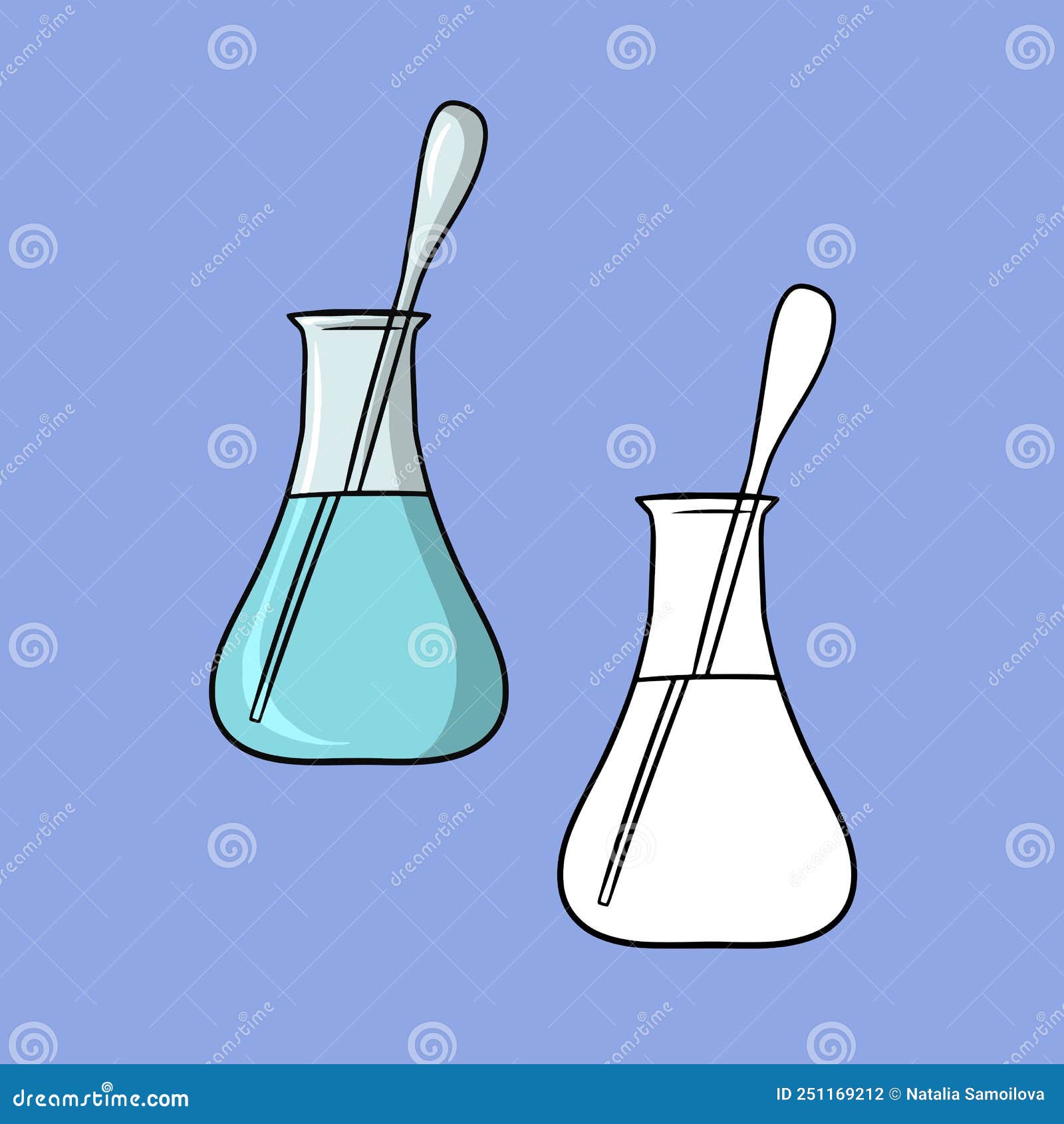 A Set of Pictures, a Triangular Glass Flask with a Blue Solution and a ...