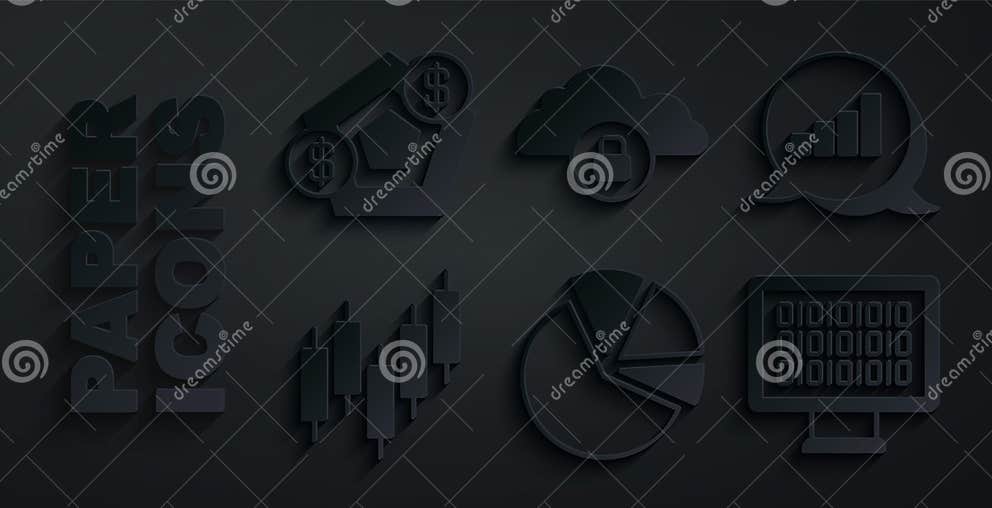 Set Pie Chart Infographic, Browser with Stocks Market, Binary Code, Cloud Computing Lock and ...