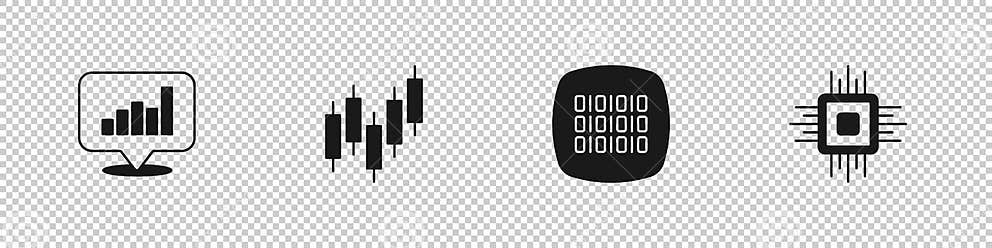Set Pie Chart Infographic Browser With Stocks Market Binary Code And Processor Cpu Icon