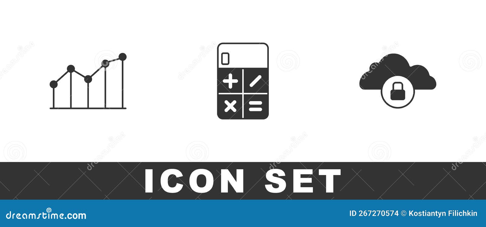 Set Pie Chart Infographic, Calculator and Cloud Computing Lock Icon. Vector Stock Illustration ...