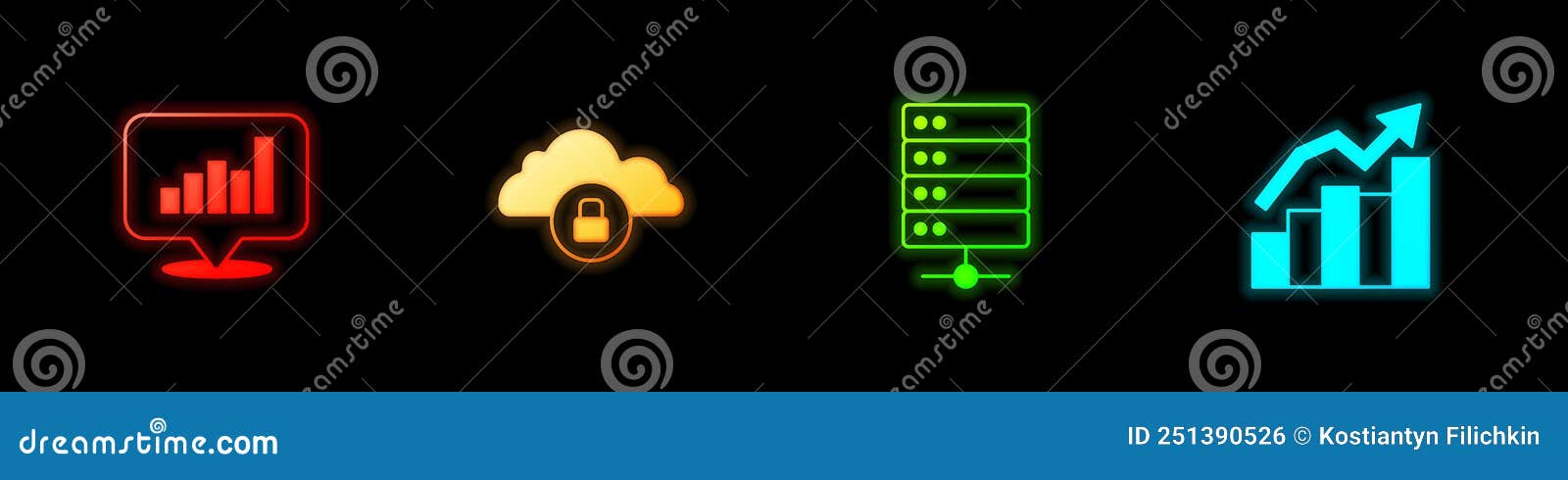Set Pie Chart Infographic, Cloud Computing Lock, Server and Financial Growth Icon. Vector Stock ...