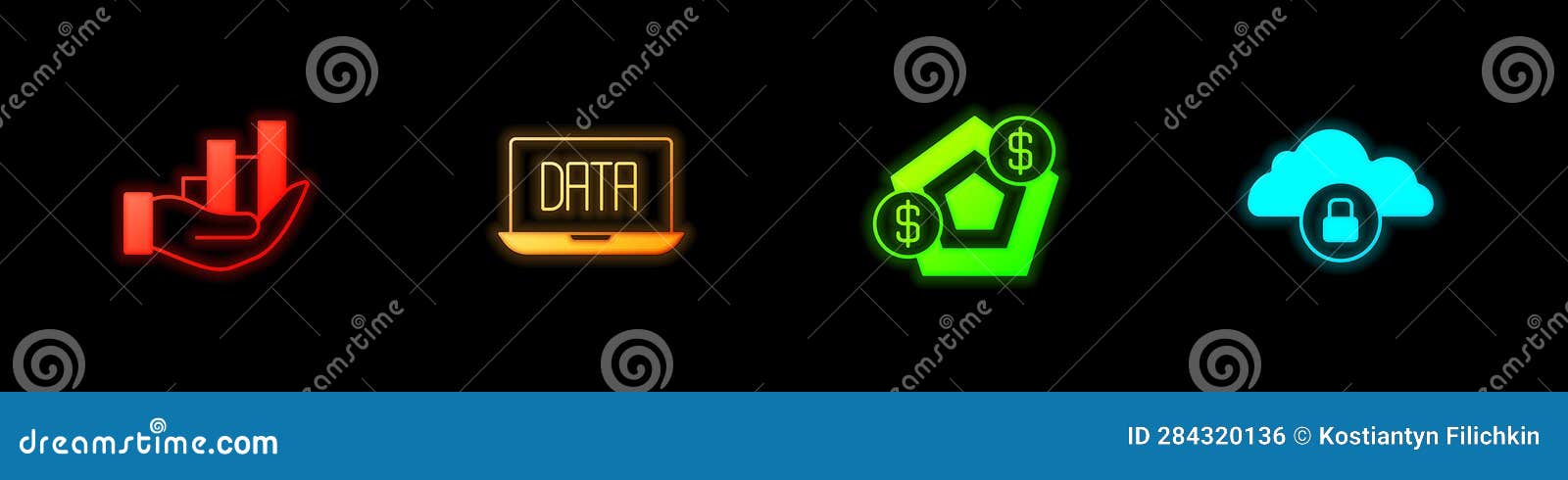 Set Pie Chart Infographic, Data Analysis, Financial Growth and Cloud Computing Lock Icon. Vector ...