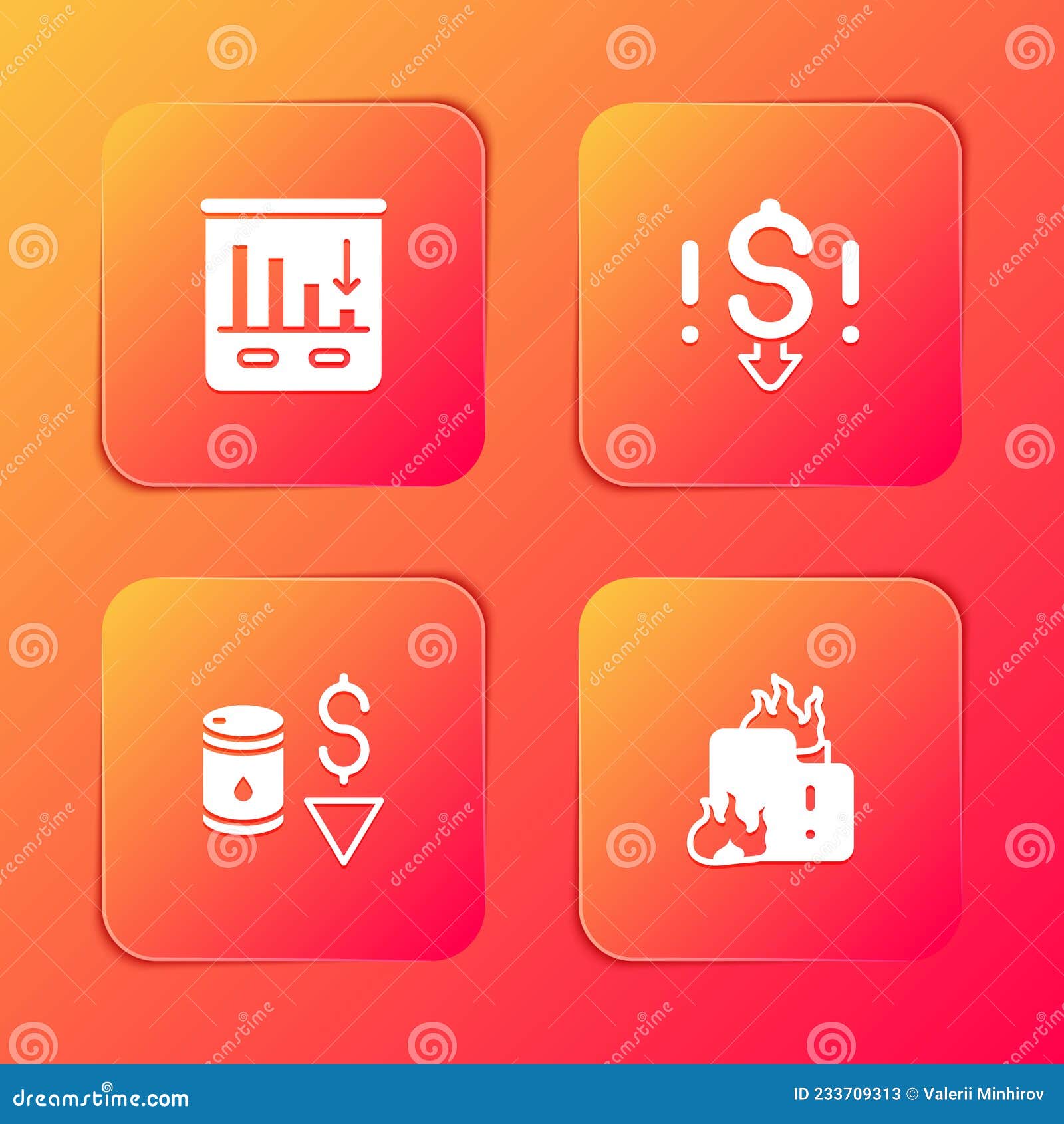 Set Pie Chart Infographic, Dollar Rate Decrease, Drop Crude Oil Price and Fire Burning House ...