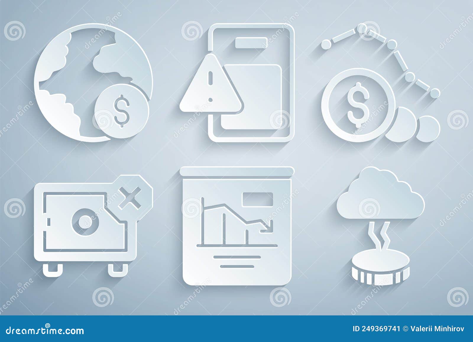 Set Pie Chart Infographic, Dollar Rate Decrease, Safe, Storm, Global Economic Crisis and Icon ...