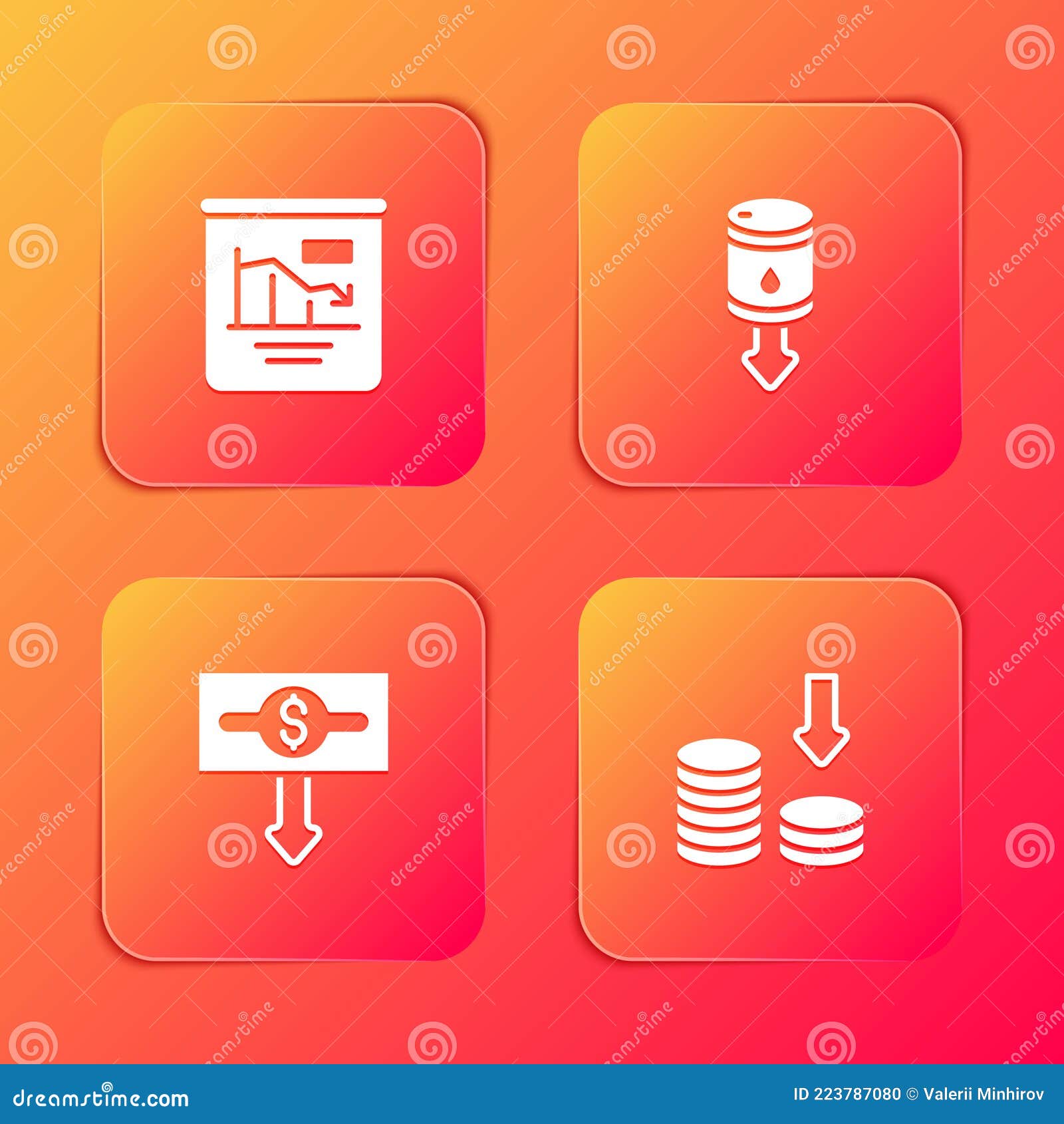 Set Pie Chart Infographic, Drop Crude Oil Price, Dollar Rate Decrease and Icon. Vector Stock ...
