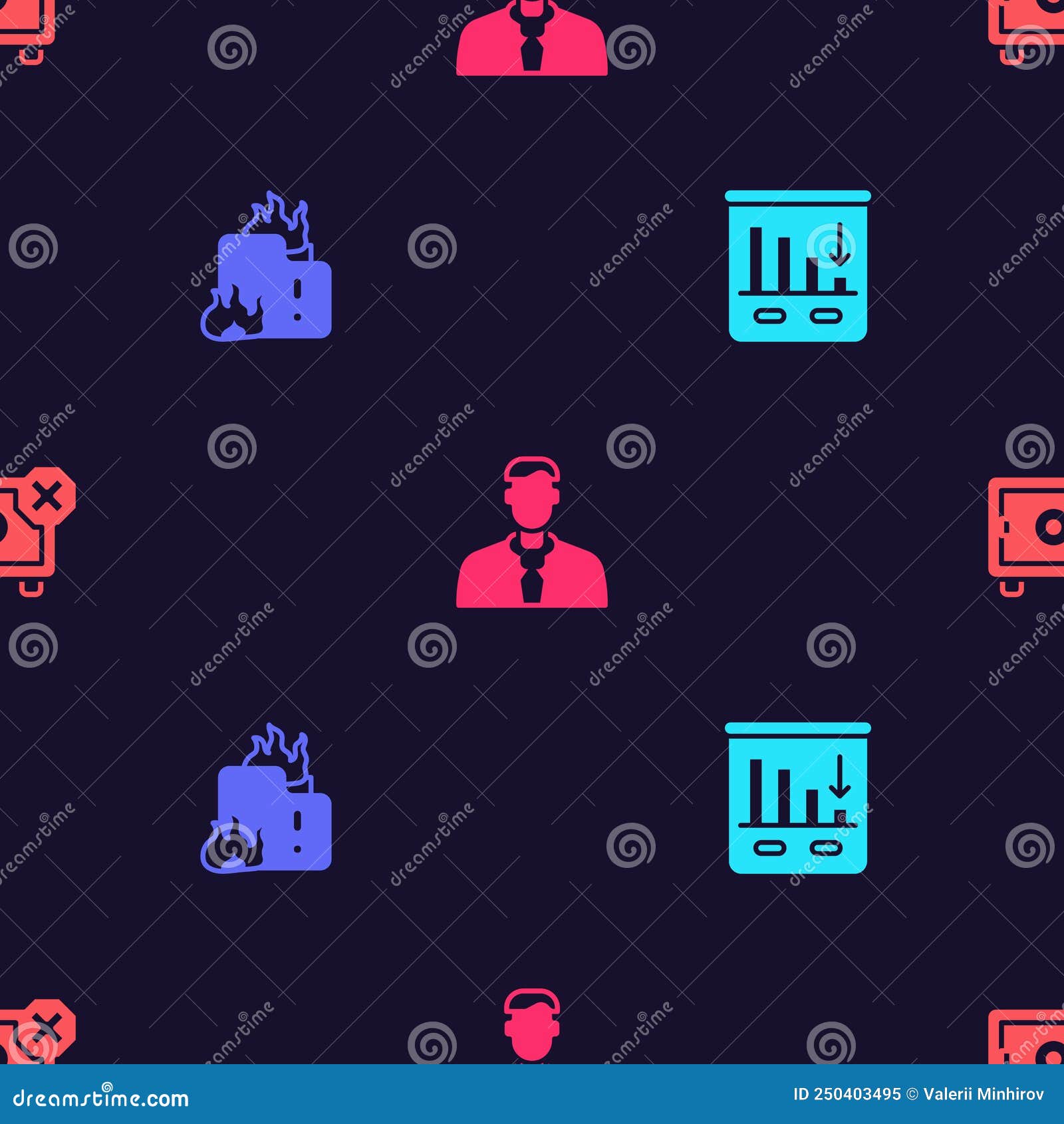 Set Pie Chart Infographic, Fire Burning House, Worker and Safe on Seamless Pattern. Vector Stock ...