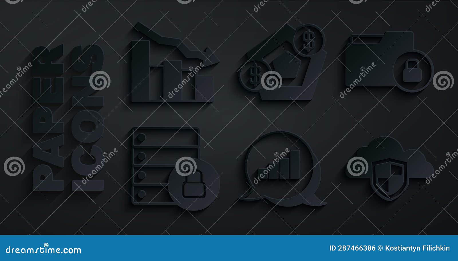 Set Pie Chart Infographic, Folder and Lock, Server Security with Padlock, Cloud Shield ...