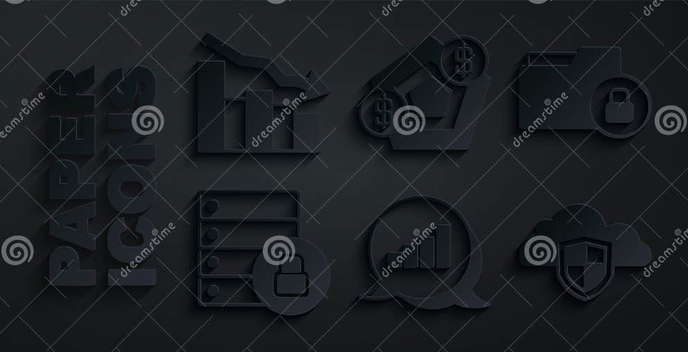 Set Pie Chart Infographic, Folder and Lock, Server Security with Padlock, Cloud Shield ...