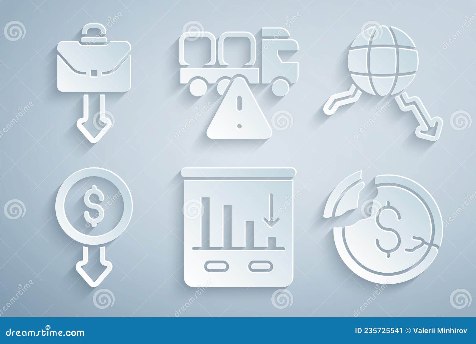 Set Pie Chart Infographic, Global Economic Crisis, Dollar Rate Decrease, Stop Delivery Cargo ...