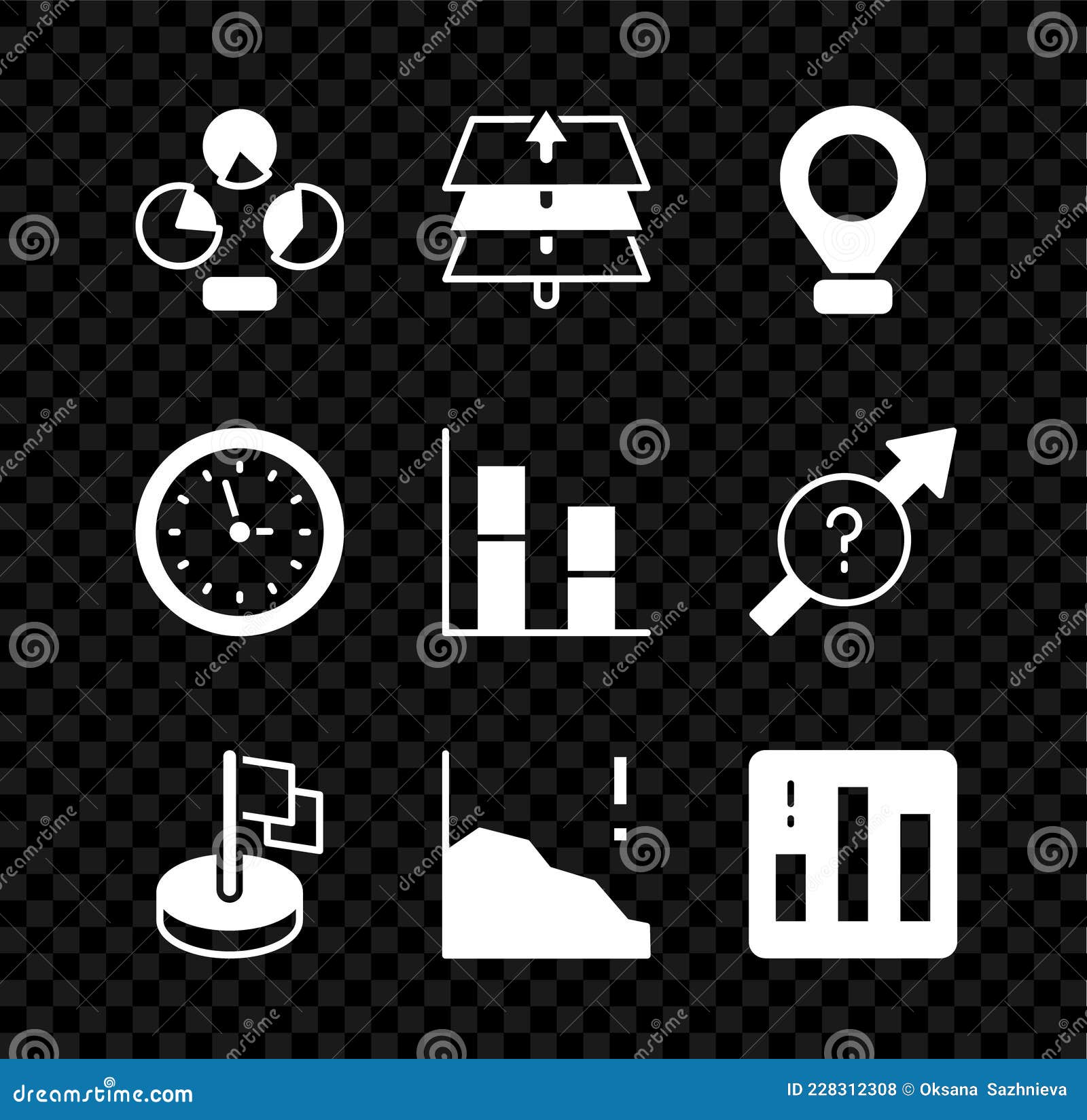 Set Pie Chart Infographic, Layers, Location, Flag, Financial Growth Decrease, Clock and Graph ...