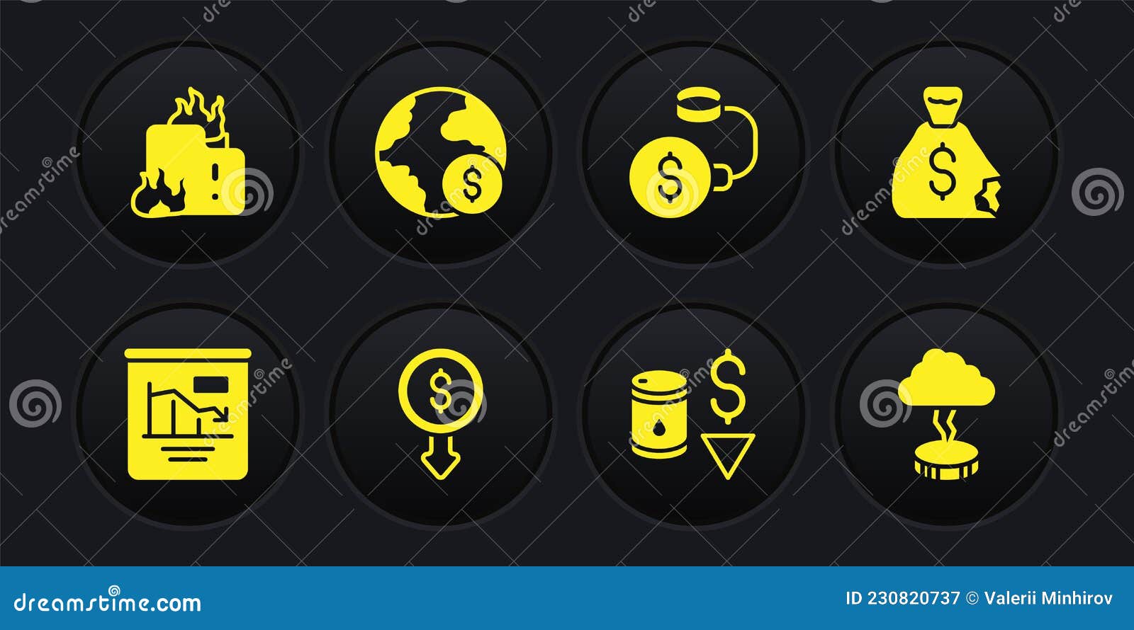 Set Pie Chart Infographic, Money Bag, Dollar Rate Decrease, Drop Crude ...