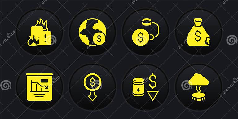 Set Pie Chart Infographic, Money Bag, Dollar Rate Decrease, Drop Crude Oil Price, Debt Ball ...