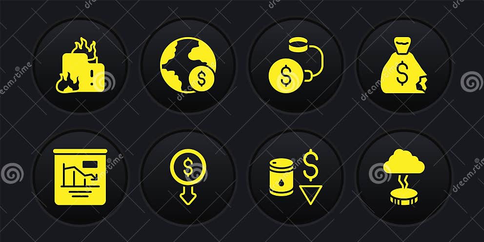 Set Pie Chart Infographic, Money Bag, Dollar Rate Decrease, Drop Crude Oil Price, Debt Ball ...