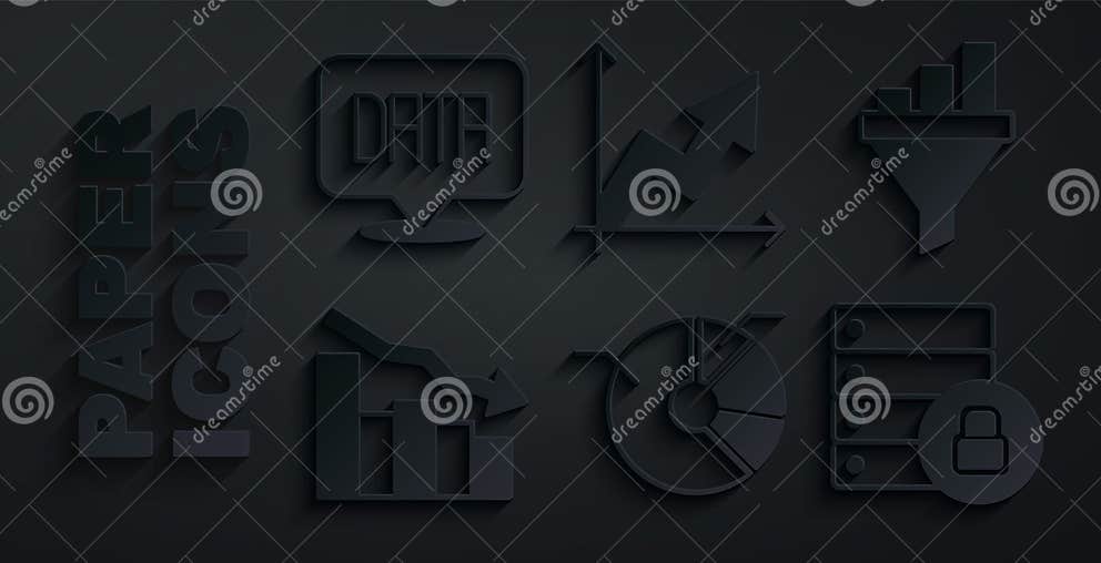 Set Pie Chart Infographic, Sales Funnel with, Financial Growth Decrease, Server Security Padlock ...