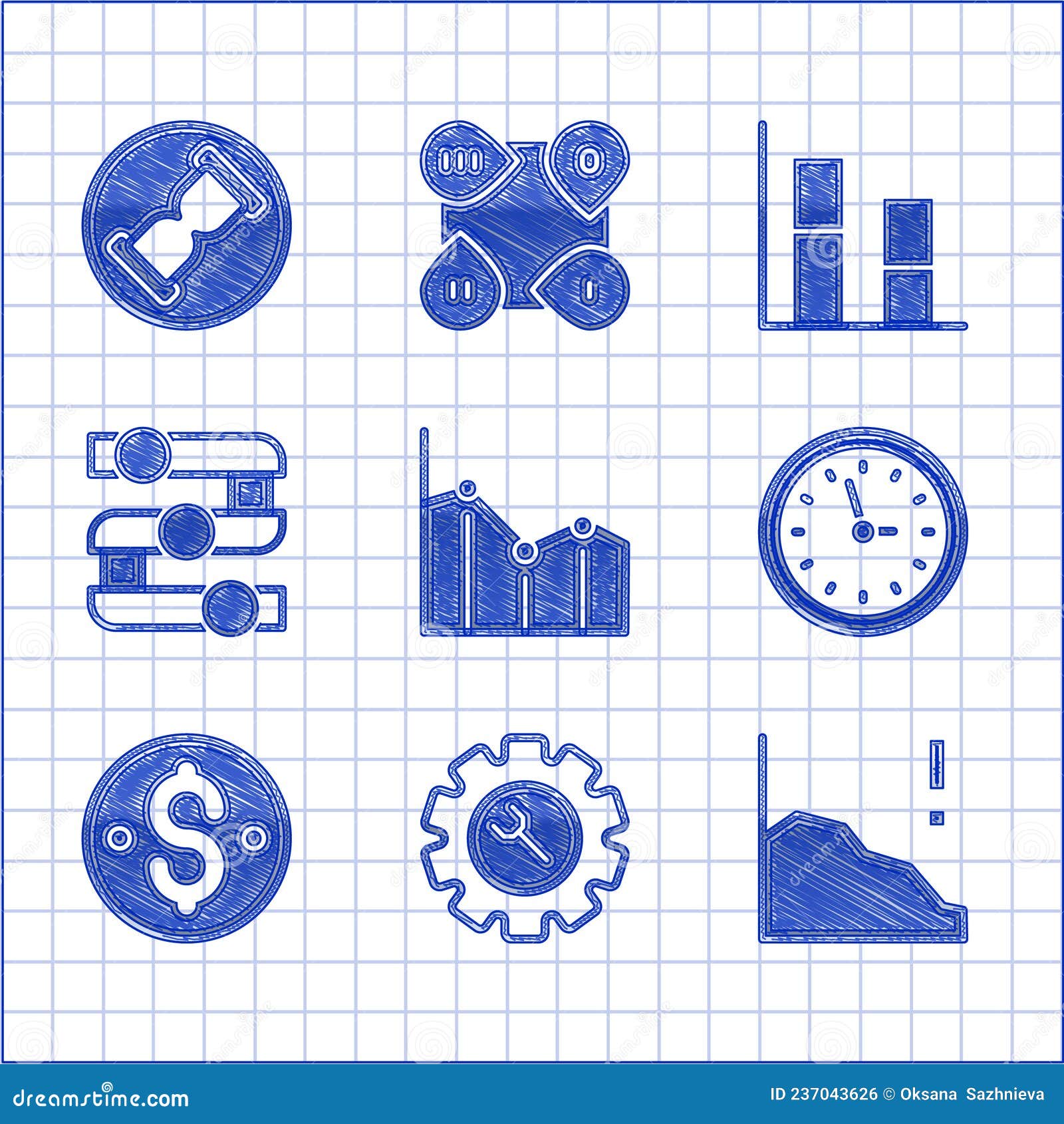 Set Pie Chart Infographic, Wrench and Gear, Financial Growth Decrease, Clock, Dollar Symbol ...