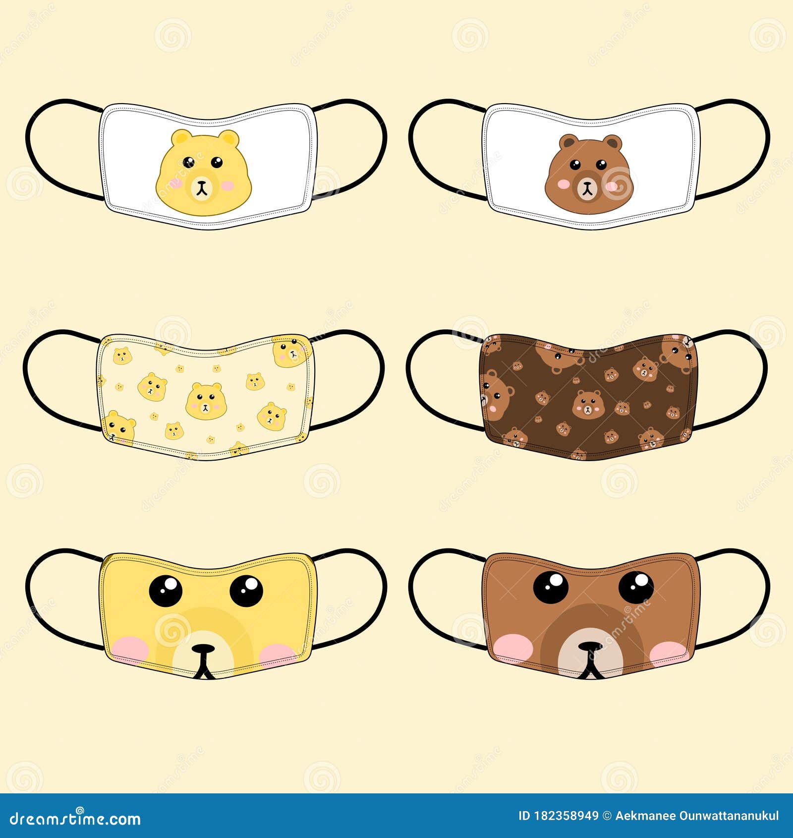 Set of 6 Pieces of Cute Bear Pattern Fabric Mask on Soft Yellow ...