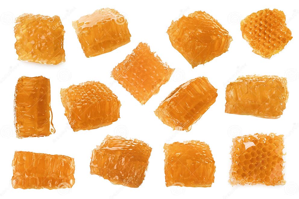 Set with Pieces of Honeycomb Isolated on White Stock Photo - Image of ...
