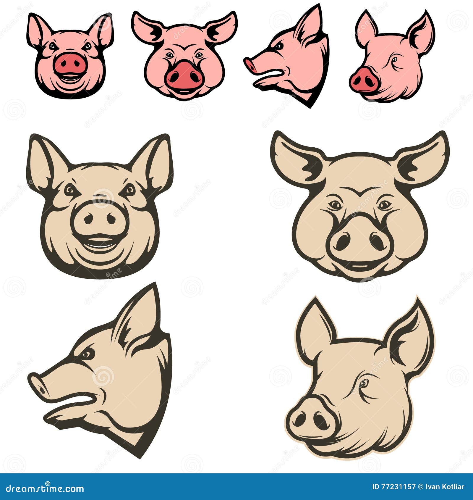 Set of pig heads. stock vector. Illustration of face - 77231157