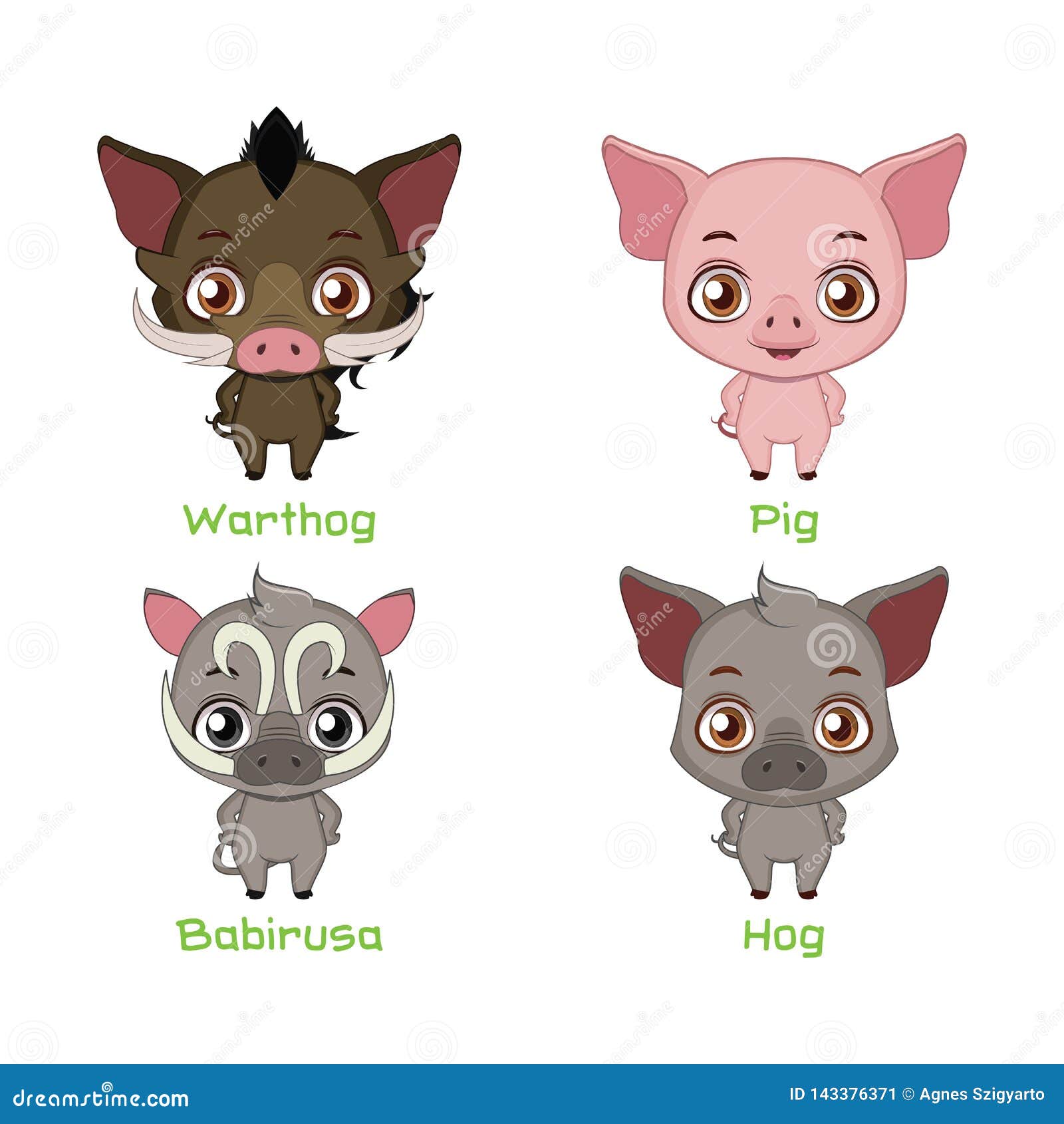 Set of various pig species stock vector. Illustration of cute - 143376371