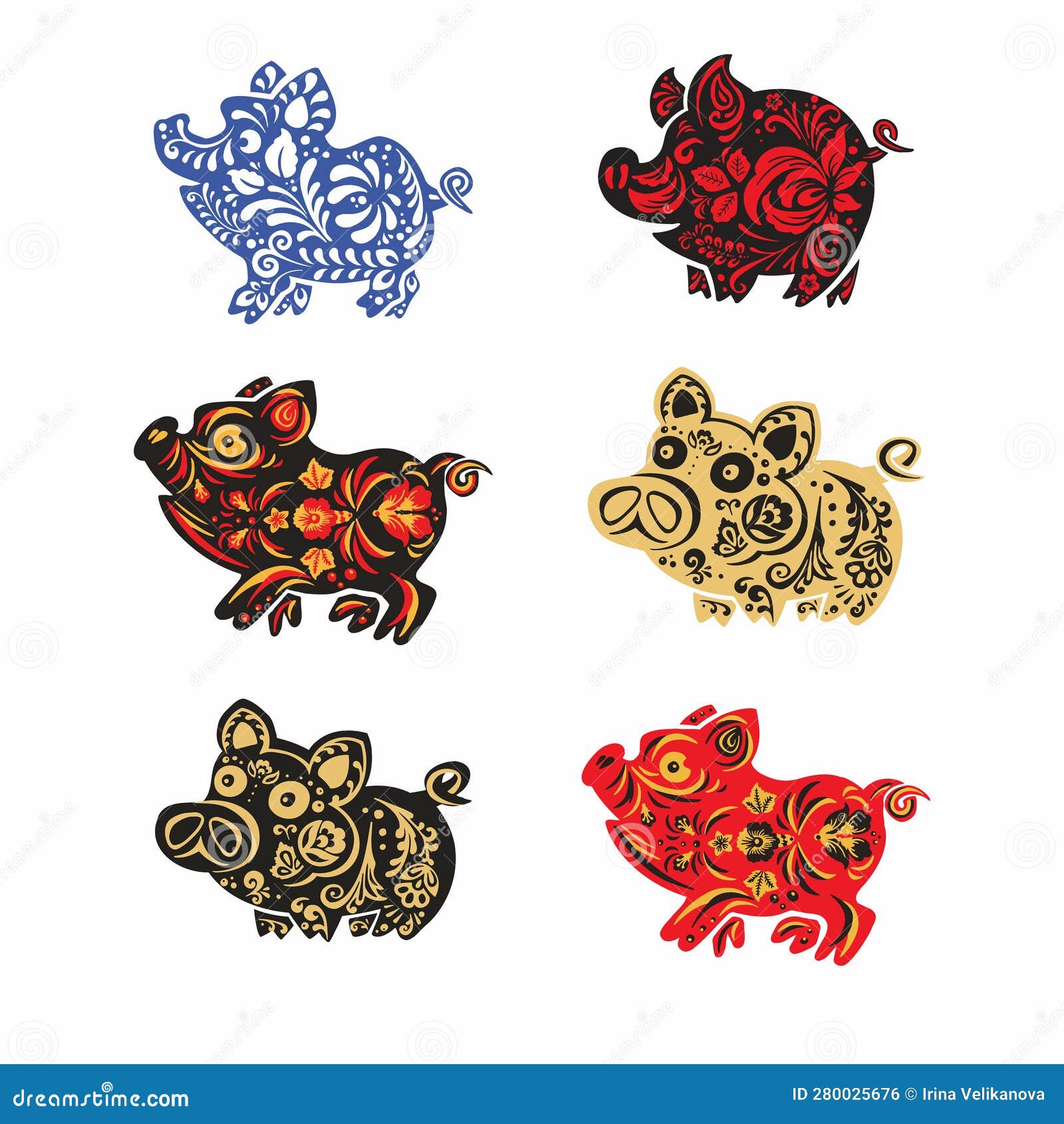 Set of Pigs with Ethnic Painting and Vector Illustration Stock ...