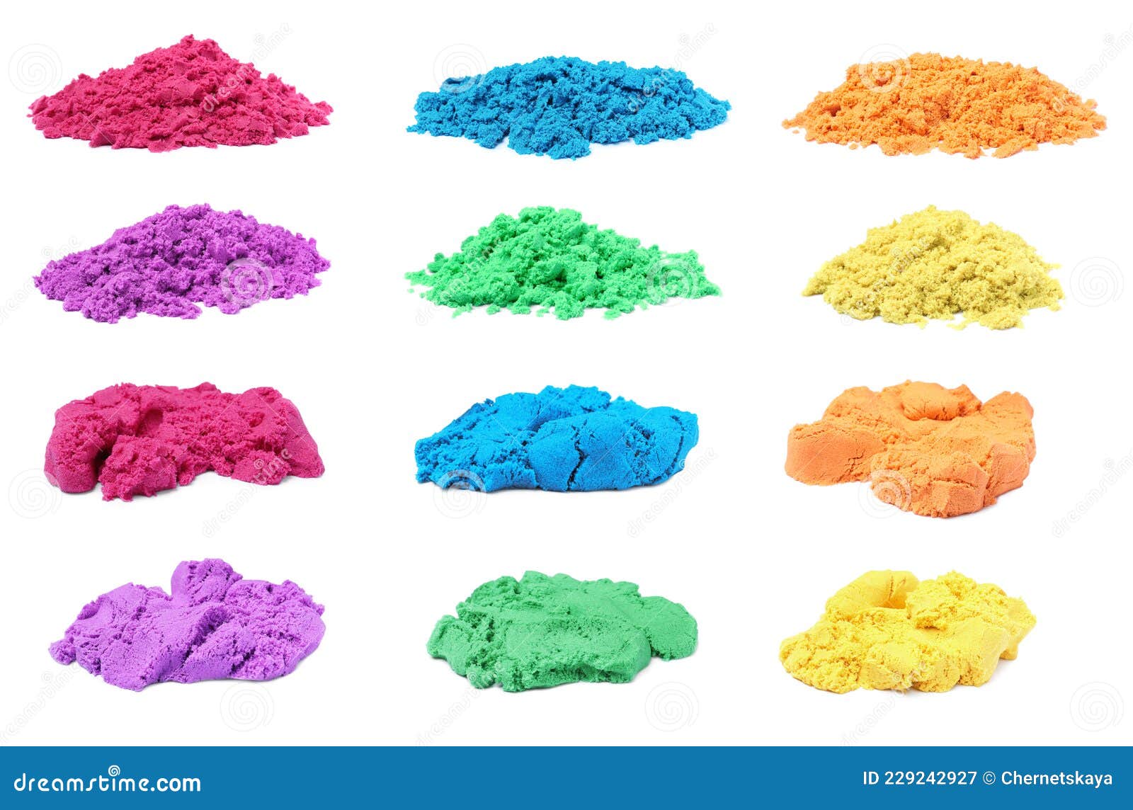 Set with Piles of Colorful Kinetic Sand on White Background Stock Image ...