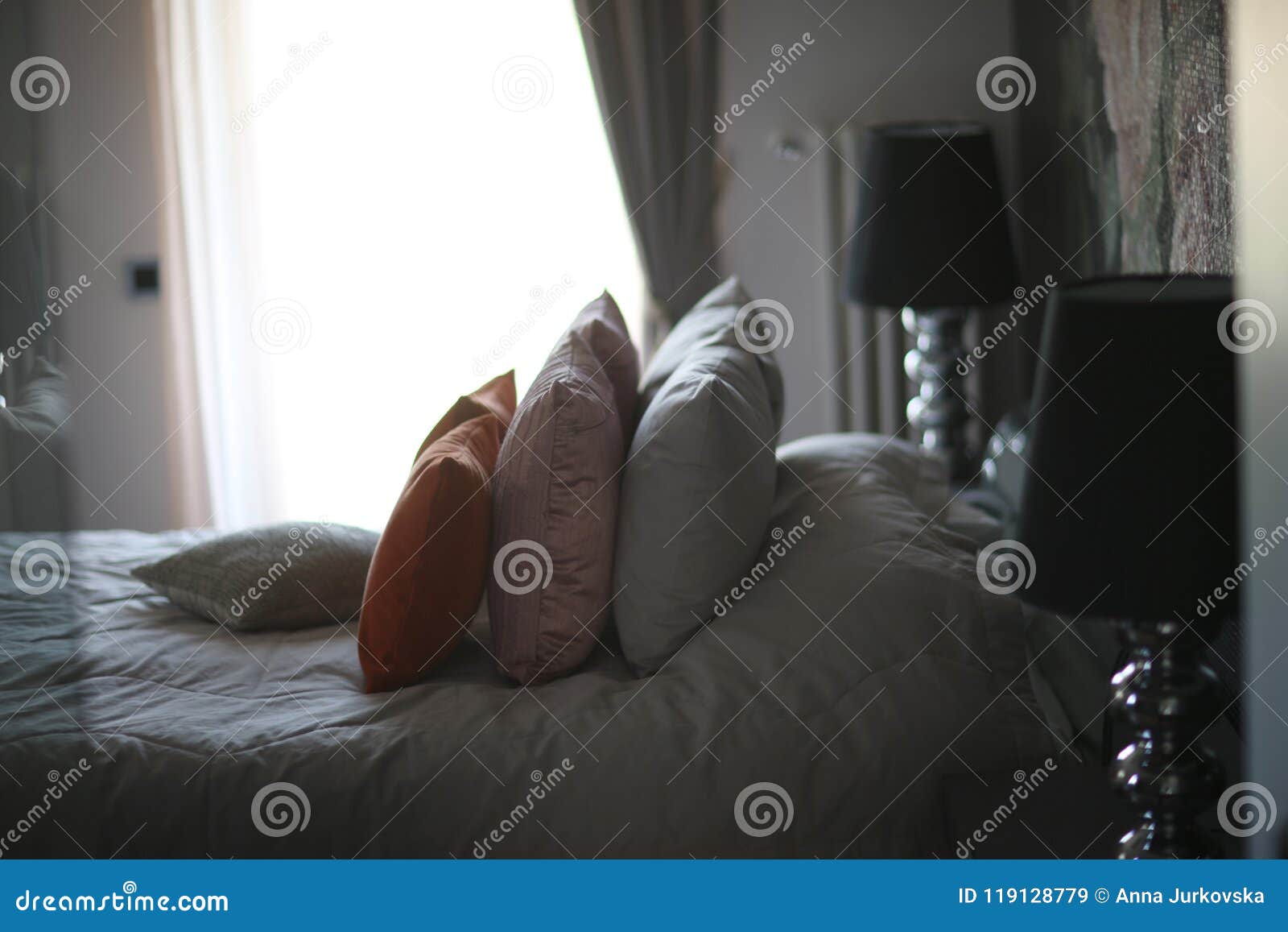 A Set of Pillows on a Large Wide Bed Stock Image - Image of travel ...