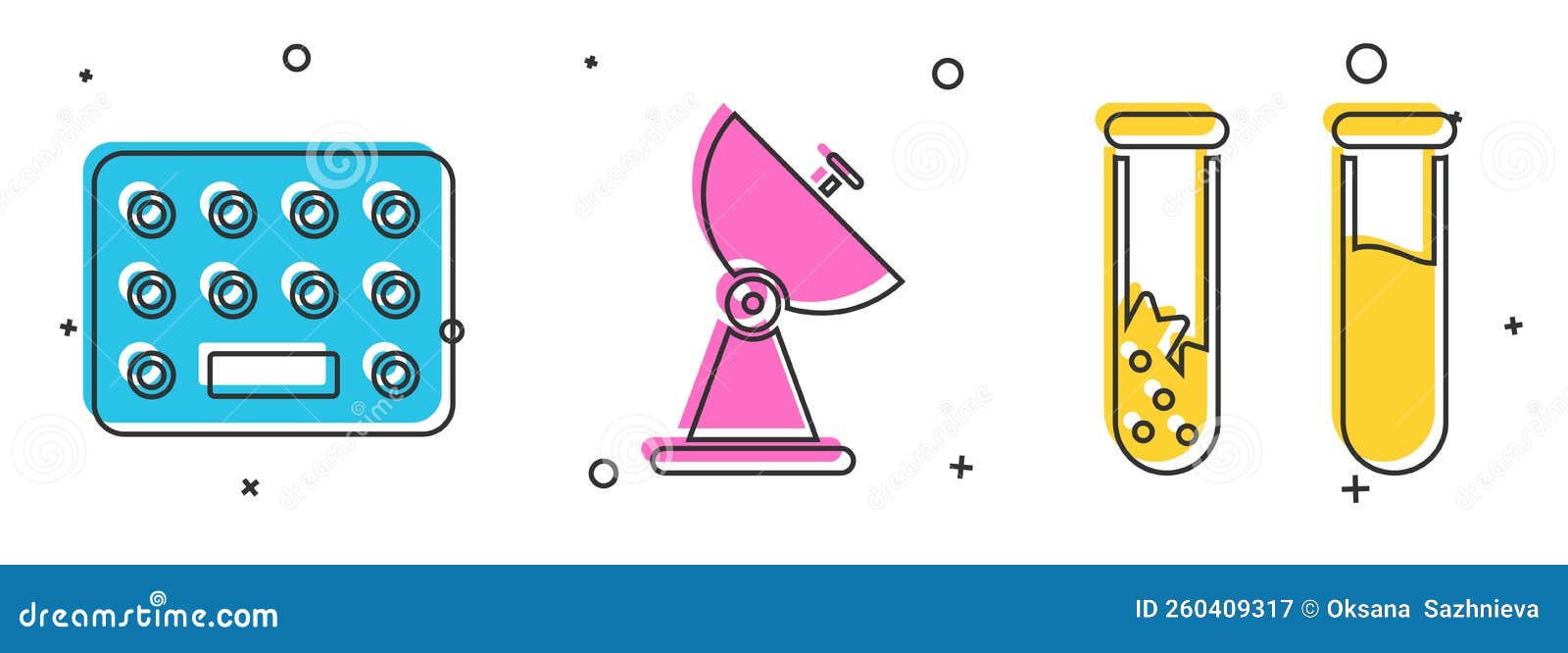 Set Pills in Blister Pack, Radar and Test Tube and Flask Icon. Vector ...