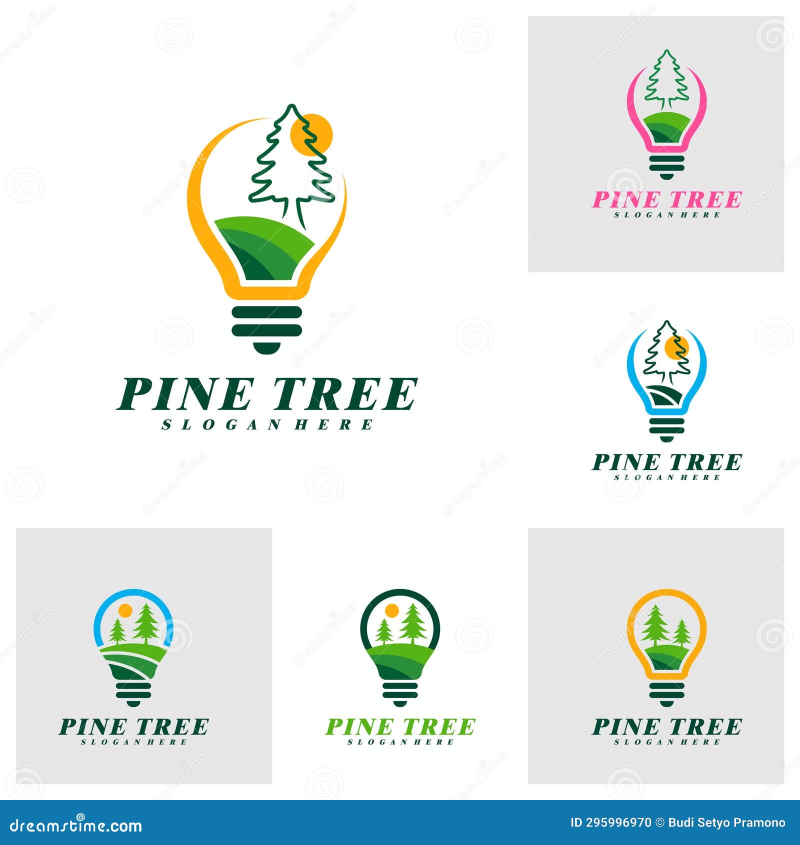 Set of Pine Tree with Bulb Logo Design Vector. Creative Pine Tree Logo ...