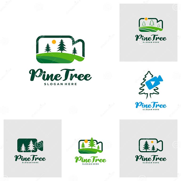 Set of Pine Tree with Camera Logo Design Vector. Creative Pine Tree ...