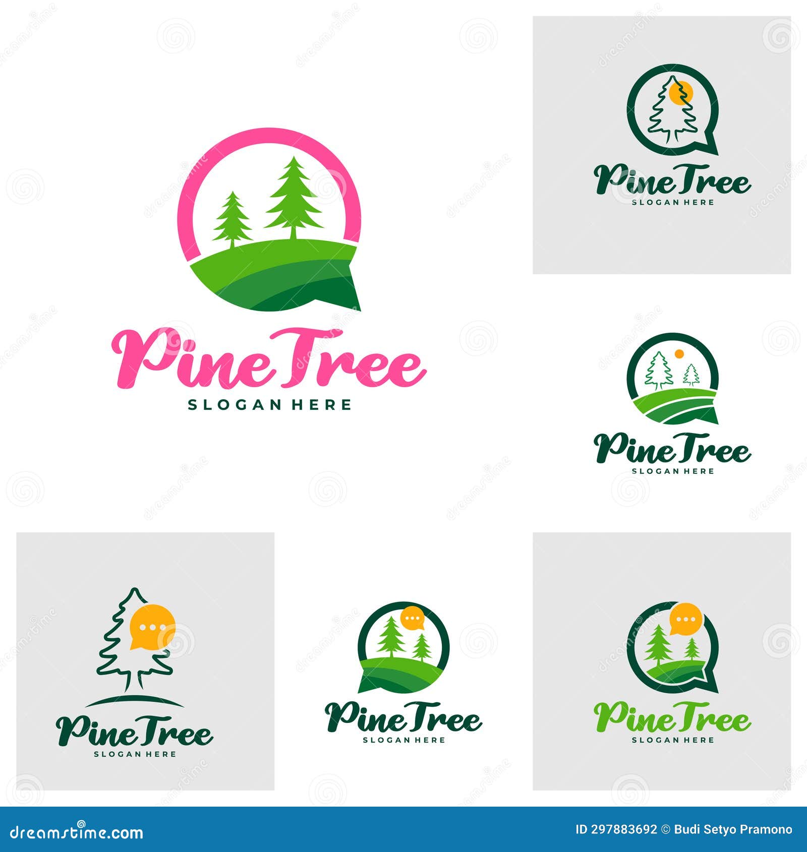 Set of Pine Tree with Chat Logo Design Vector. Creative Pine Tree Logo ...