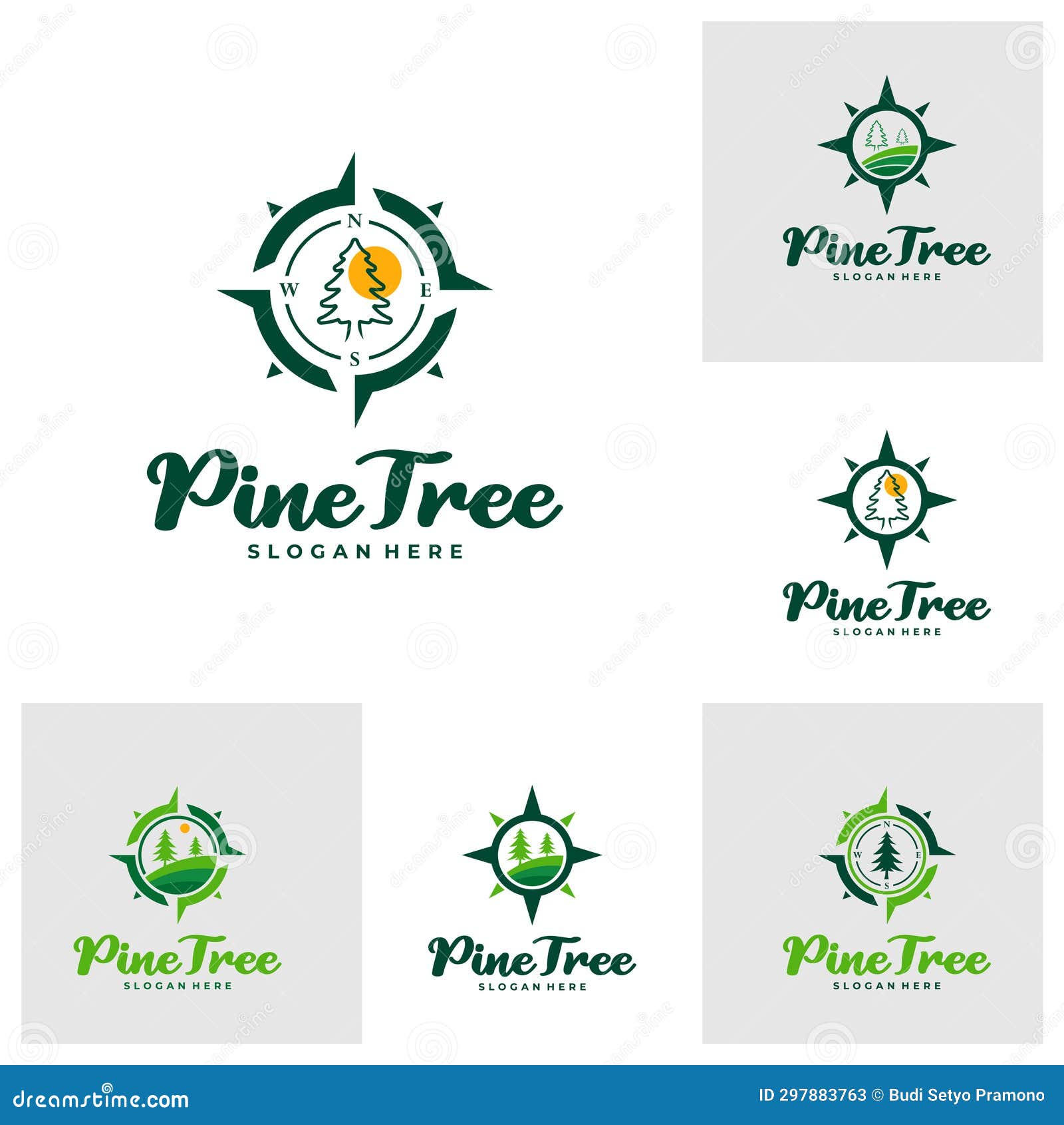 Set of Pine Tree with Compass Logo Design Vector. Creative Pine Tree ...
