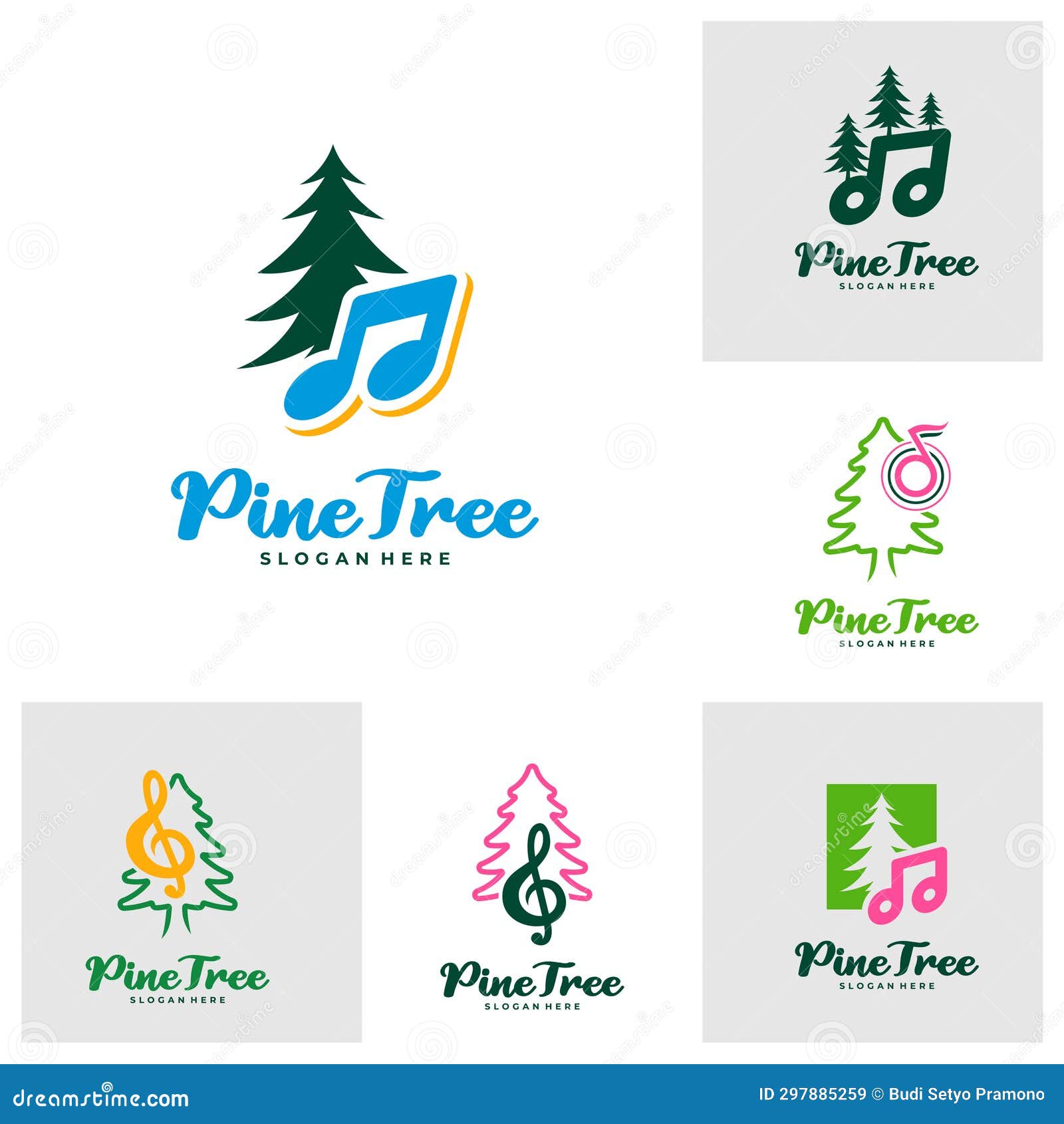 Set of Pine Tree with Note Music Logo Design Vector. Creative Pine Tree ...