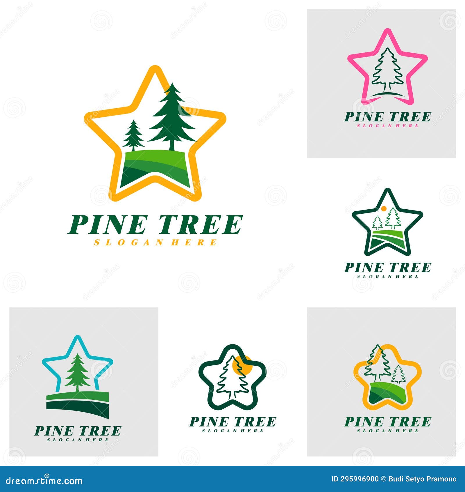 Set of Pine Tree with Star Logo Design Vector. Creative Pine Tree Logo Concepts Template Stock ...
