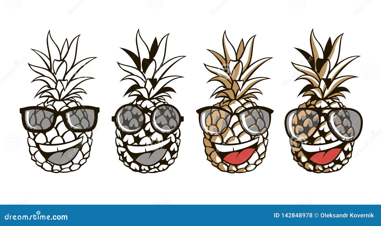 Set of Pineapple with Glasses and Smile Stock Vector - Illustration of ...