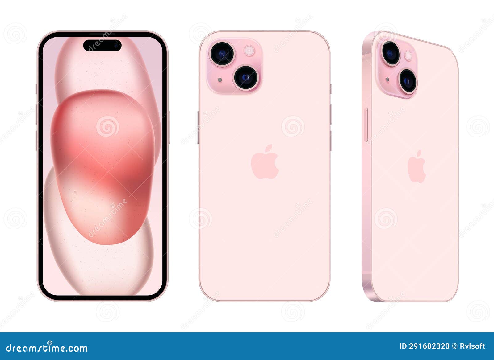 Set of Pink Apple IPhone 15 Mobile Phone in Different Sides, on White ...