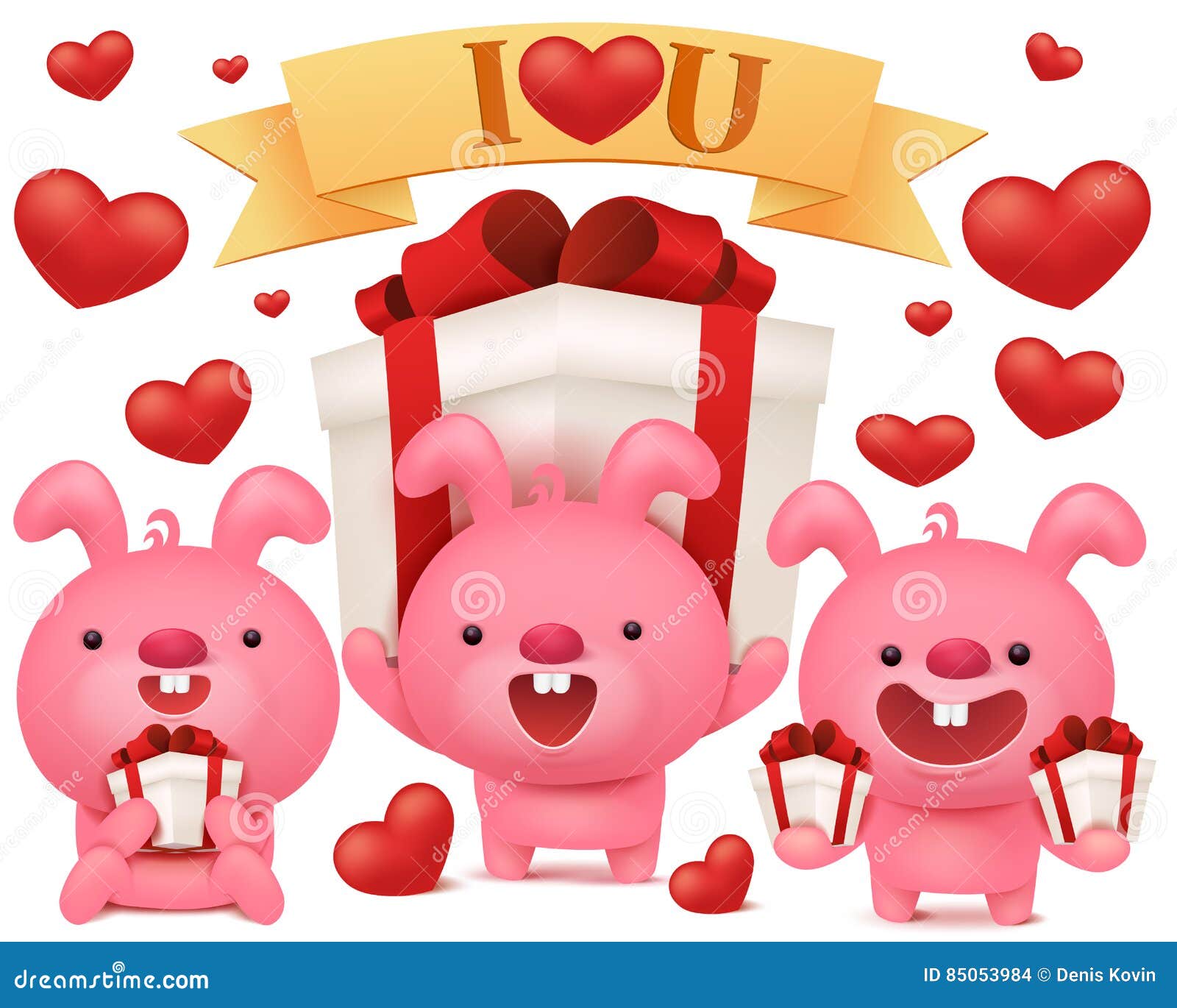 Set of Pink Bunny Emoji Characters with Gift Boxes Stock Illustration ...