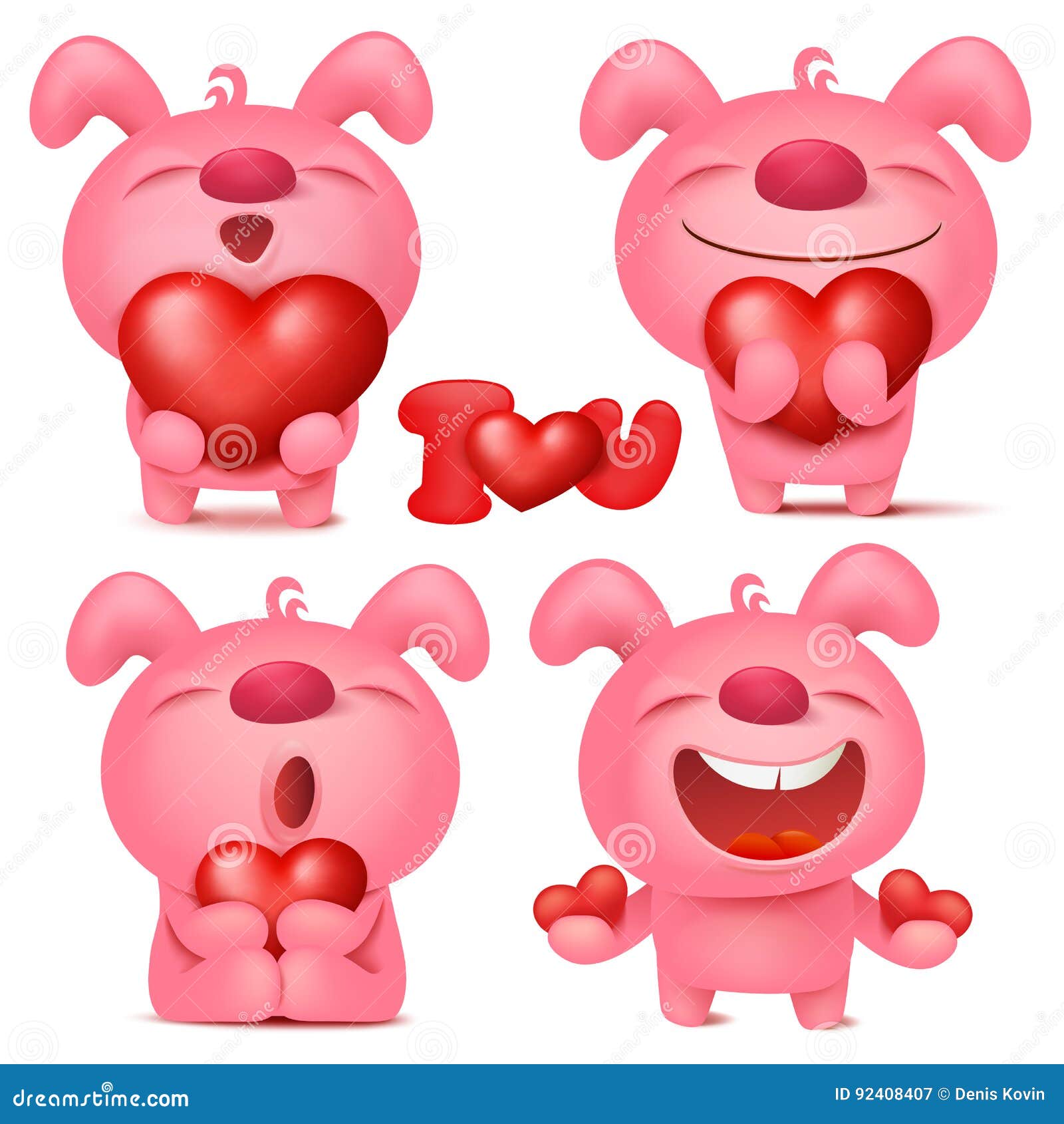 Set of Pink Bunny Emoji Characters with Red Hearts. Stock Illustration ...