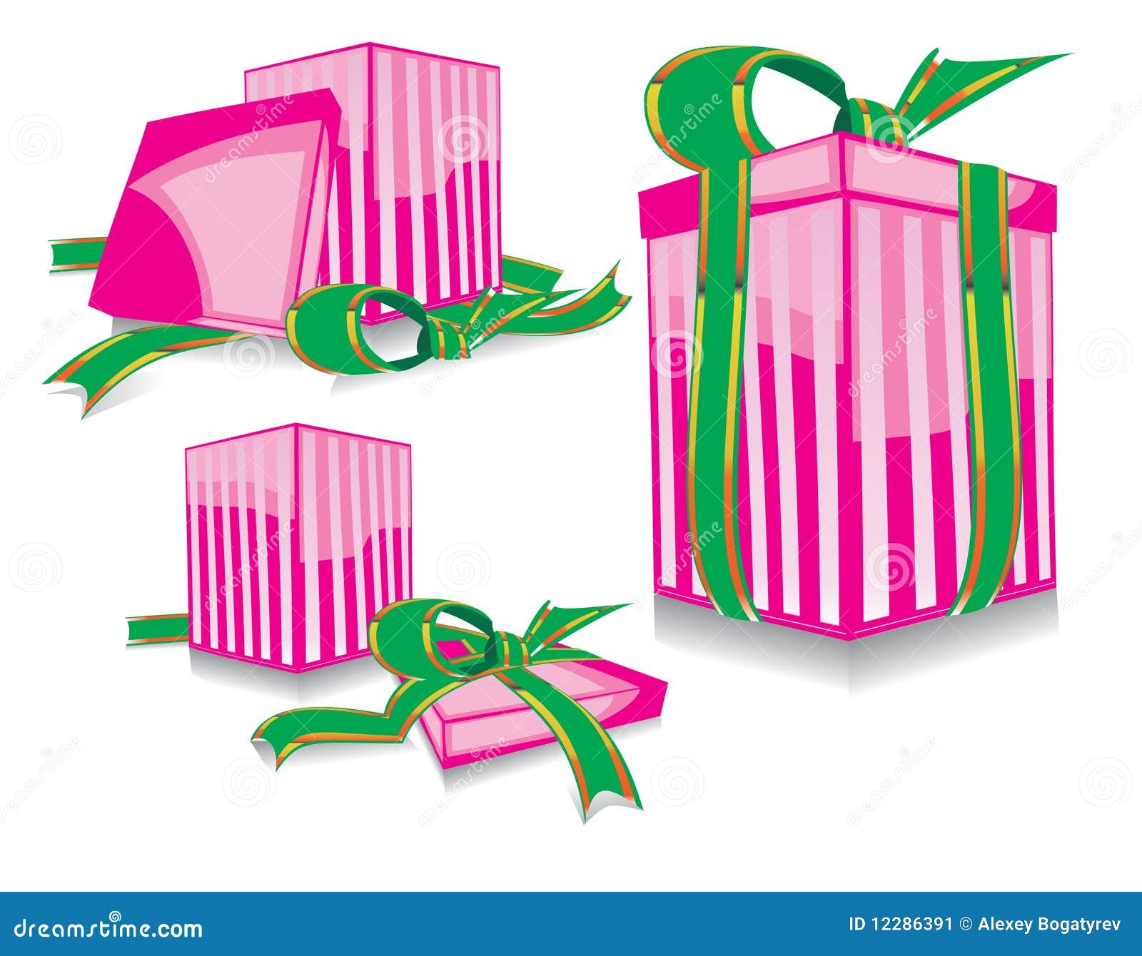 Pink Gift, Present Box Icon With Green Ribbon And Bow. Cartoon Vector ...
